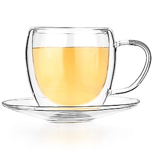 Tealyra - 8.5-Ounce Double Wall Glasses and Saucer - Set of 4 - Espresso Coffee - Tea - Cappuccino - Clear Cups - Heatproof Insulating - Keeps Beverages Hot - 250ml