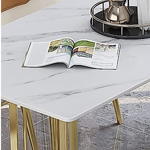 Modern Sintered Stone Dining Table BIGMAII Luxury Rectangle Kitchen Dinner Table with White Marble Top and Gold Double Pedestal for Restaurant Dining Room - 47.2" (Not Including Chairs)