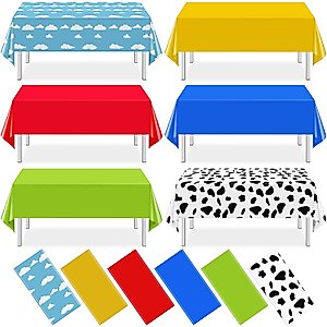 6 Pack Blue Sky and White Cloud Tablecloth Cartoon Story Mix Color Plastic Tablecloth Toy Inspired Disposable Rectangle Table Cover for Baby Shower Cow Birthday Cartoon Party Decorations,108 * 54inch
