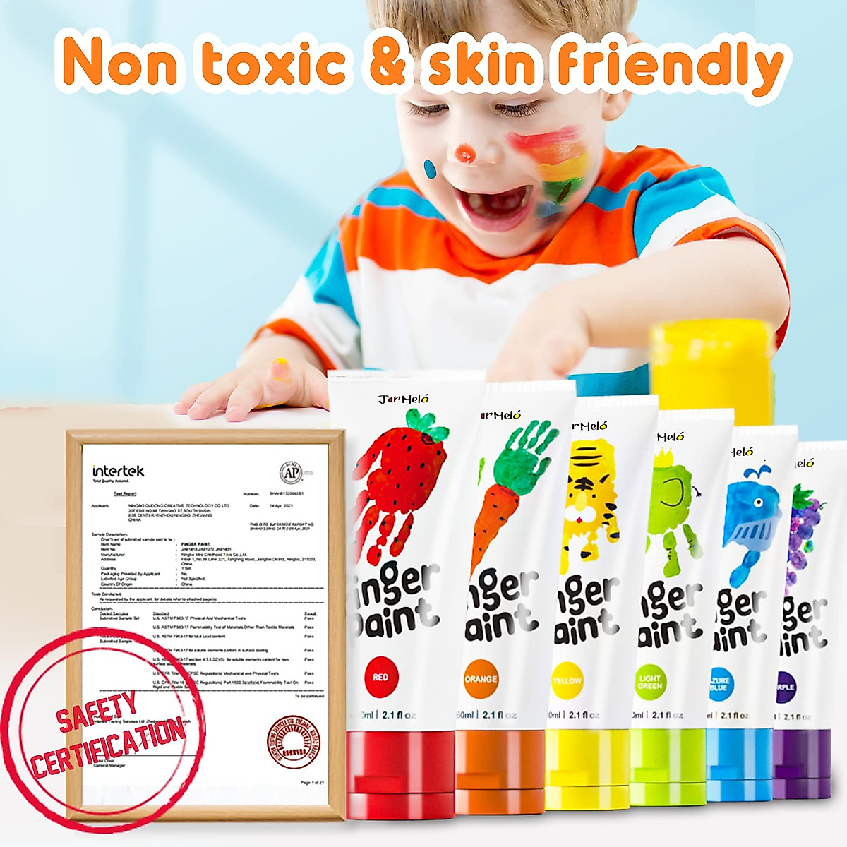 Jar Melo Safe Finger Paints for Baby Kids 3 4 5 6 7 8+Age, 2.1 fl.oz 6 Color Non Toxic Finger Painting Set for Toddler Washable Art Project Painting Preschool Travel Learning Activity Birthday Gifts…