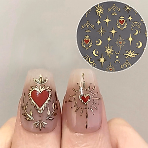 8 Sheets Gold Sun Star Nail Art Stickers Bronzing Moon Nail Decals 3D Self-Adhesive Red Heart Nail Stickers Exquisite Glitter Rose Gold Silver Star Moon Design Women Girls for DIY Nail Decorations