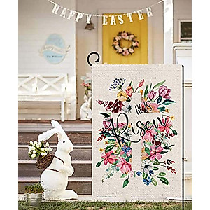 Easter Religious Cross Garden Flag 12x18 Inch Double Sided He is Risen with Flower,Small Seasonal Yard Flag for Farmhouse Holiday Outdoor Outside Decor