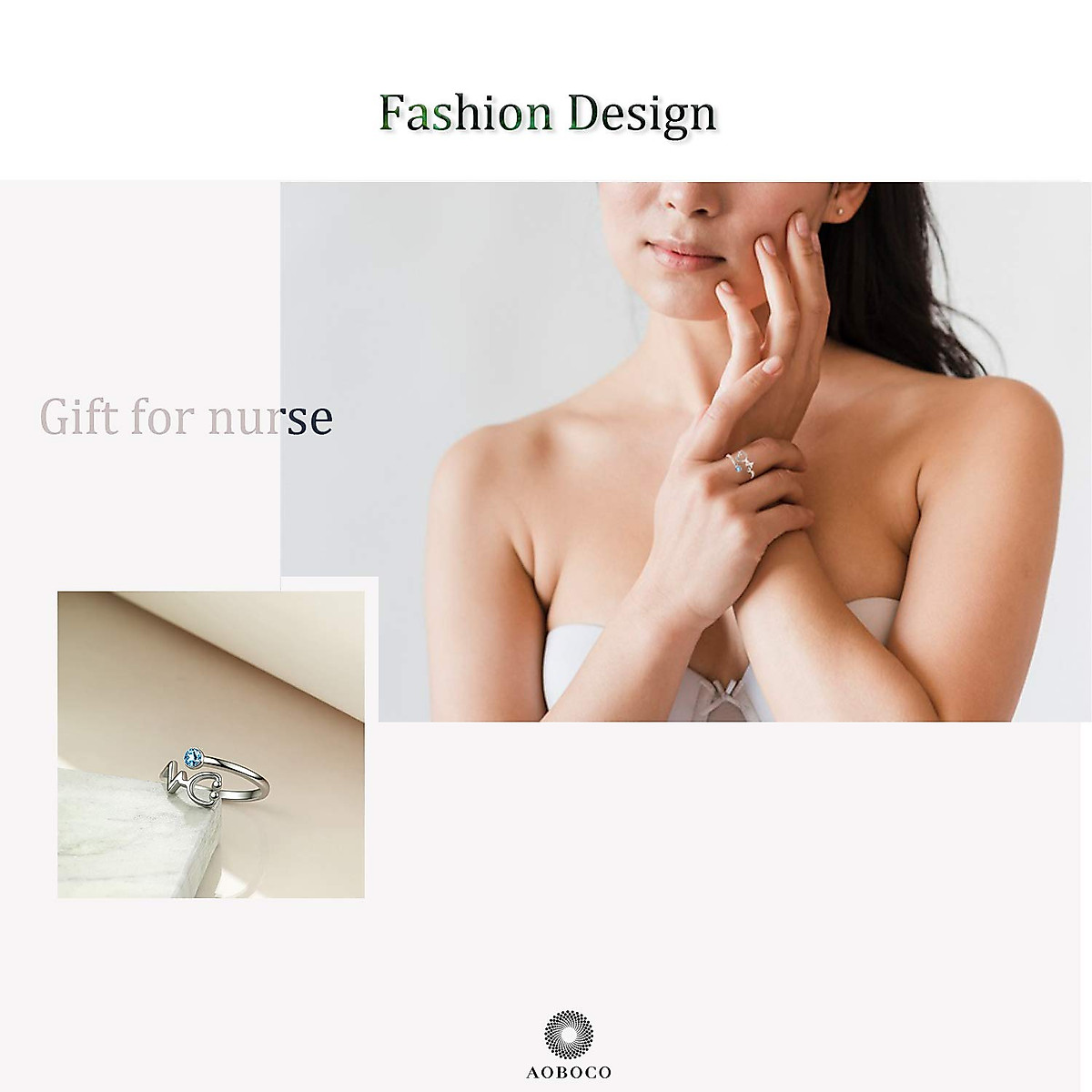 AOBOCO Sterling Silver Stethoscope Heartbeat EKG Ring, Simulated Aquamarine Crystal from Austria, Doctor Nurse Jewelry Medical Gifts for Women, RN Gifts for Nurse Female Graduation Nurse Week(Blue)