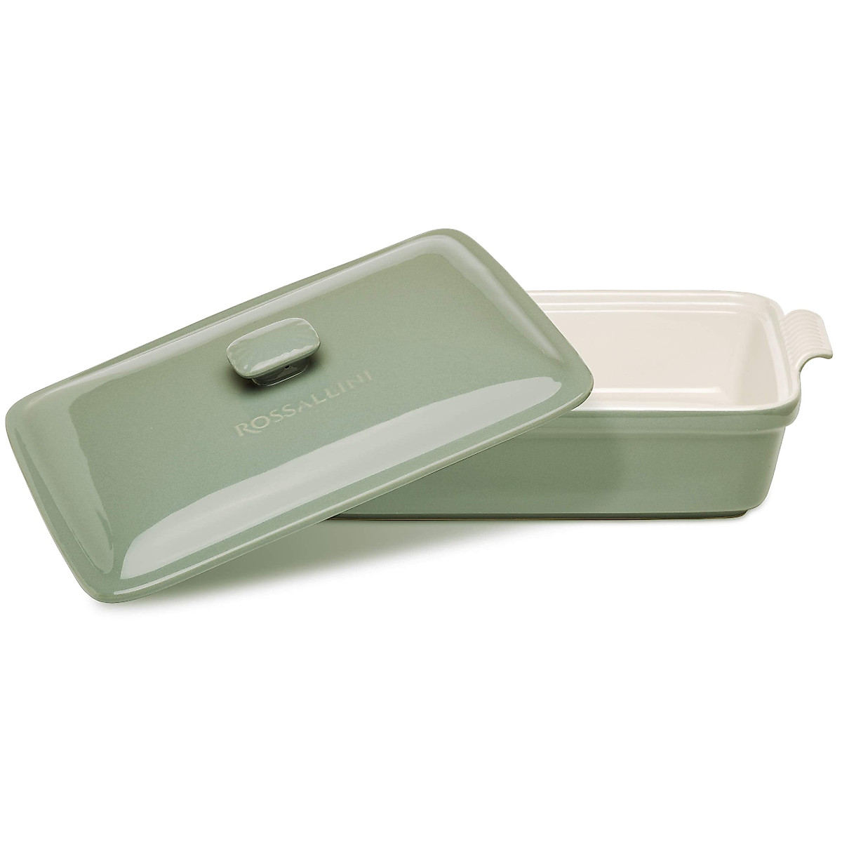 ROSSALLINI Stoneware Casserole Dish Bakeware Set with Lid, Covered Rectangular Dinnerware, Extra Large 4.23 Quart, 13 by 9 Inch, Verde Salvia [Sage Green]