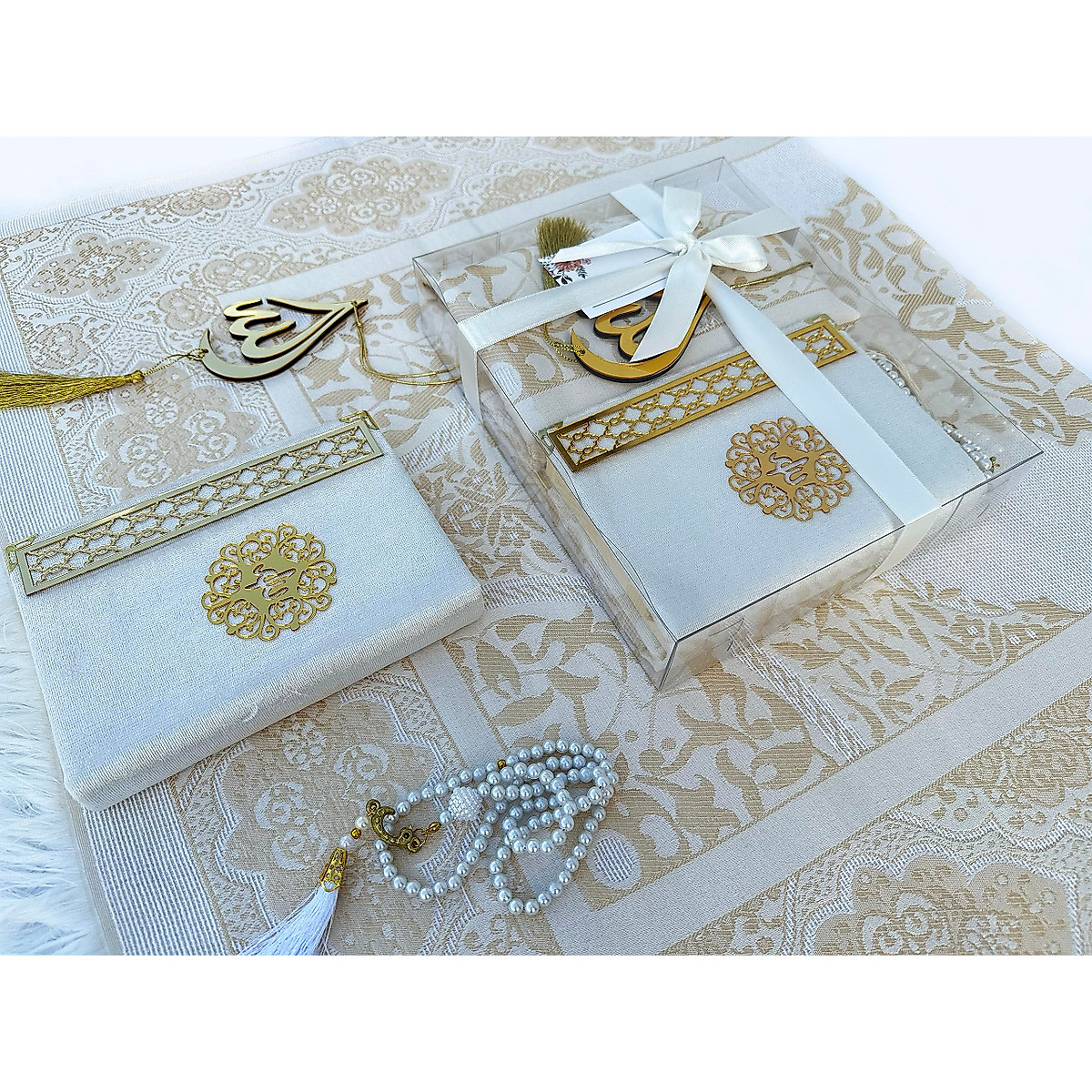 SAIKA Prayer Rug Set with Thanks Card, Full Arabic Quran Prayer Rug, Beads and Car Hanger Set,Ramadan Eid Wedding Birthday Graduation Mother's Day (Cream)