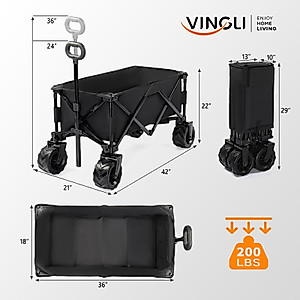 VINGLI Collapsible Wagons Carts, Heavy Duty Foldable Utility Garden Grocery Shopping Cart with Big All-Terrain Beach Wheels & Drink Holders with 220lbs Weight Capacity (Black)