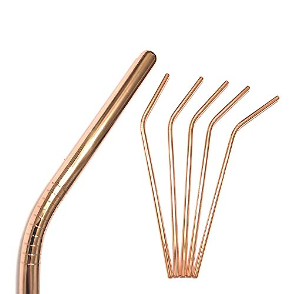 Metal Drinking Straws - 5 Rose Gold Reusable Bent Straws with 3 Cleaning Brushes - Copper Plated Stainless Steel for Moscow Mule and More