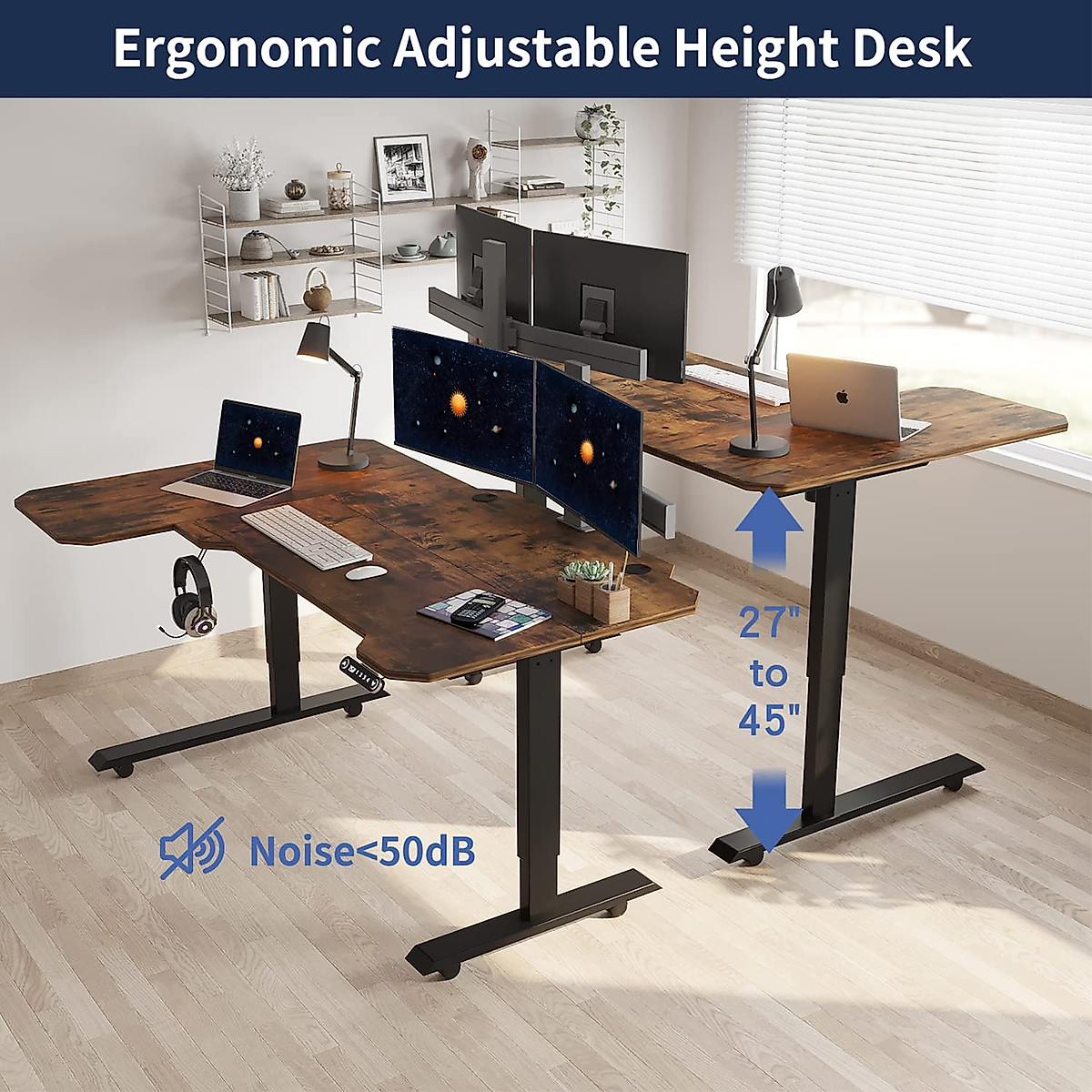 59'' L Shaped Electric Height Adjustable Standing Desk, Sit to Stand Home Office Computer Desk with Black Frame & Rustic Brown Top