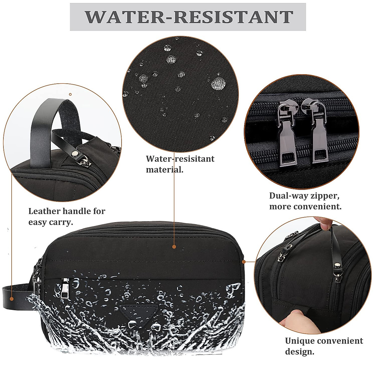 CROCOD Mens Toiletry Bag Travel Leather Toiletry Organizer Dopp Kit for Men Water-resistant Shaving Bag for Bathroom (Black)