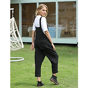 YESNO Women Casual Loose Bib Pants Overalls Baggy Cotton Harem Jumpsuits Rompers with Pockets PV2 (L PV2 Black)