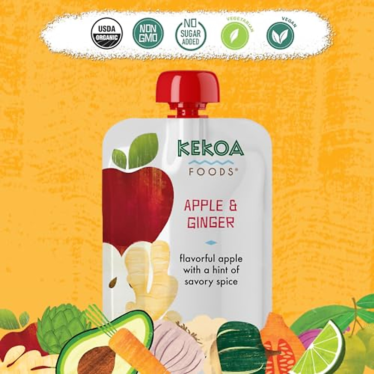 Kekoa Foods Apple & Ginger Baby Food Purée | 100% USDA Certified-Organic, No Sugar Added | Organic, Non-GMO, Gluten-Free, Vegan | Mild Ginger for Flavor Development | 3.5 oz Squeeze Pouch