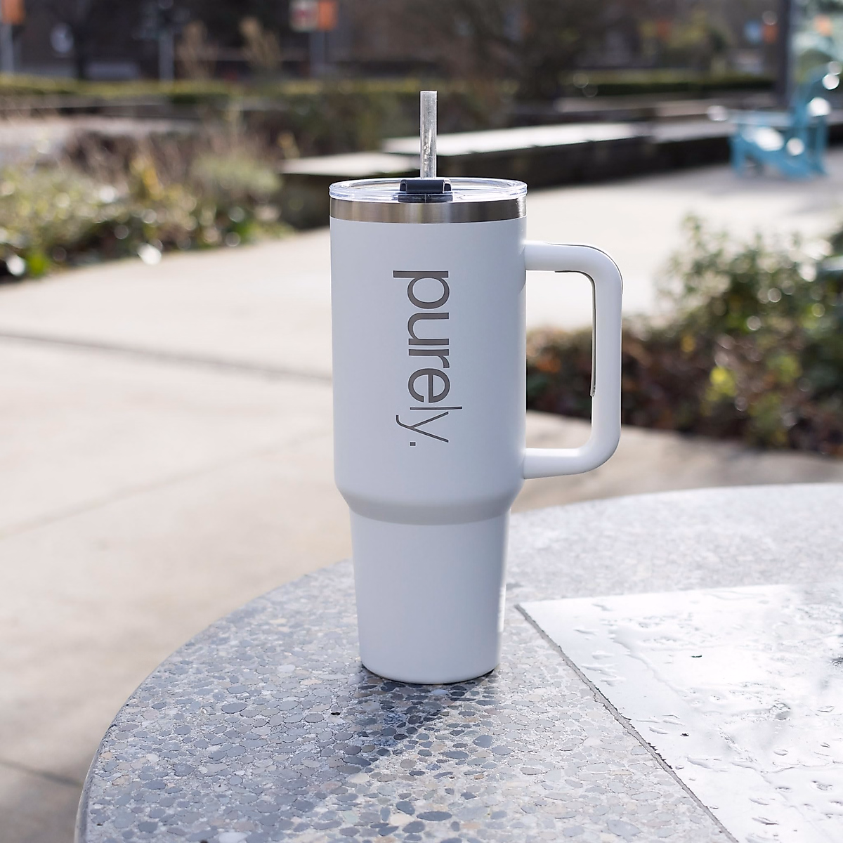 PURELY 40 oz Ceramic Lined Insulated Tumbler with Handle, Leak Resistant 2-way Lid and Straw, Ceramic Lined Travel Mug (White, 40oz)