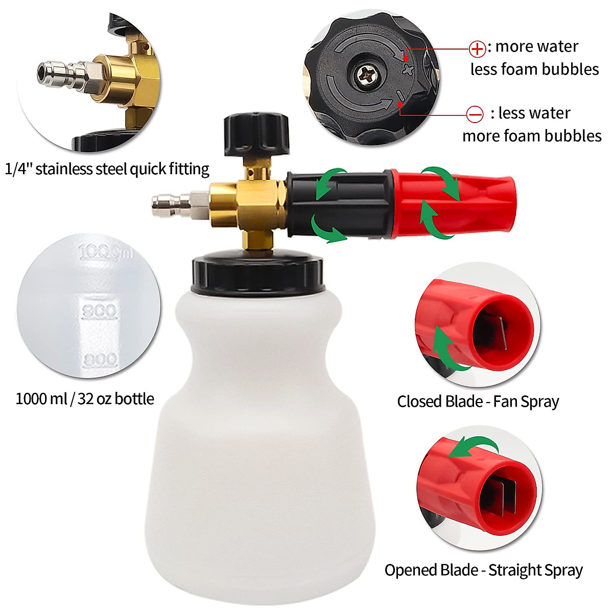 Pressure Washer Foam Cannon Snow Foam Lance & Extension Wand with 1/4” Quick Connector & 5 Spray Tips & Turbo Nozzle for Portland Husky Ryobi Greenworks Pressure Washer