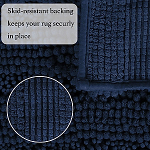 Flamingo P Bath Rugs Ultra Thick and Soft Texture Bath Mat Chenille Plush Striped Floor Mats Hand Tufted Bath Rug with Non-Slip Backing Door Mat for Kitchen/Entryway (Navy - 47" x 17")
