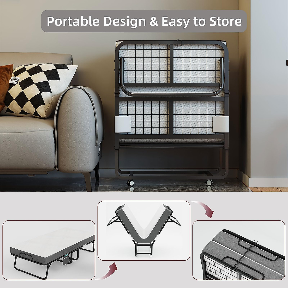 Folding Bed with Mattress, Portable Foldable Bed with Premium 5 Inch Memory Foam Mattress, Rollaway Bed Day Bed for Adults with Storage Cover and Metal Frame, Cot Size Extra Guest Bed (75" x 31")