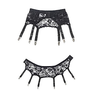 comeondear Lace Garter Belt for Women, High-Waisted Plus Size Garter Belts Set with Black Fishnets Thigh High Stockings and 6 Metal Clip Elastic Suspenders Black M-L