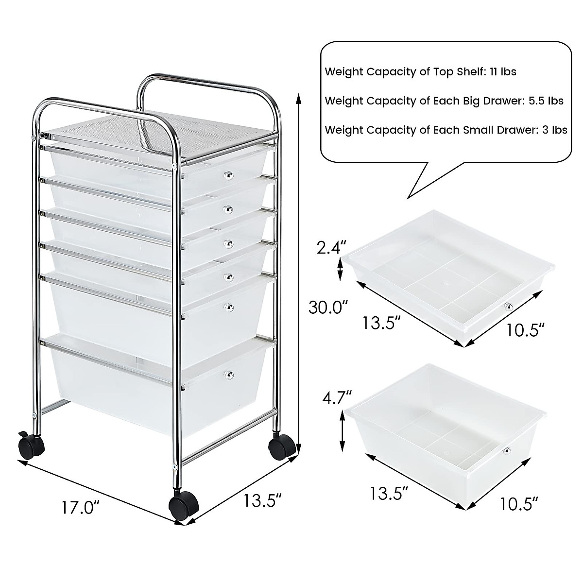 Happygrill 6-Drawer Organizer Cart Tools, Mobile Utility Storage Cart with Removable Drawers & Lockable Wheels, Rolling Storage Cart with Wheels for Home Office,Clear