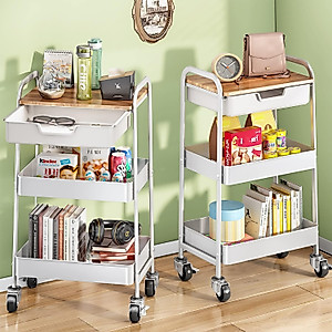 SNTD 3 Tier Rolling Utility Cart with Wheels - Storage Cart with Wood Table Top and Drawer, Metal Art Cart for Kitchen, Office, Classroom (White)