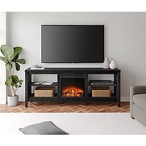 WAMPAT Fireplace TV Stand 75 inch, Electric Fireplace Entertainment Center for 80 inch TV, Farmhouse Wood Media Storage TV Console Table for Living Room Bedroom Office, Black