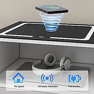 Nightstands, Smart Nightstand with Wireless Charging Station, Modern 3 Color LED Lights Infinitely Dimmable USB Port Nightstand, Bedside Table with 2 Drawer Storage Cabinet for Bedroom - White