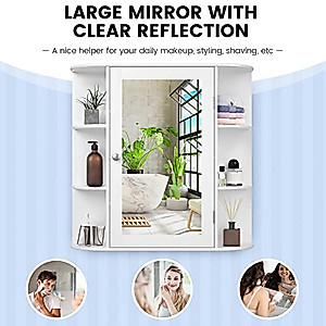 COSTWAY Wall Mounted Bathroom Cabinet - Storage Cabinet with Mirror Door & Adjustable Shelves, Space-Saving Medicine Storage Organizer for Living Room Kitchen Entryway (White)