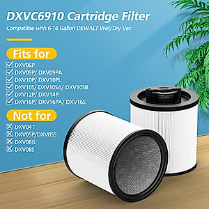 DXVC6910 Cartridge Filter Replacement for DEWALT Wet/Dry Vac Vacuum Cleaner 6-16 Gallon Filter Compatible with DeWalt DXV06P DXV09P DXV10P DXV10PL DXV10SA DXV12P DXV14P DXV16P 2 Pack