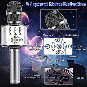 Amazmic Kids Karaoke Microphone Machine Toy Bluetooth Microphone Portable Wireless Karaoke Machine Handheld with LED Lights, Gift for Children Adults Birthday Party, Home KTV(Gray)