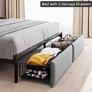 coucheta Queen Bed Frame with Headboard and 2 Drawers, Metal Platform with USB Ports and Outlets, Led Lighting, Noise-Free Design, No Box Spring Needed, Grey