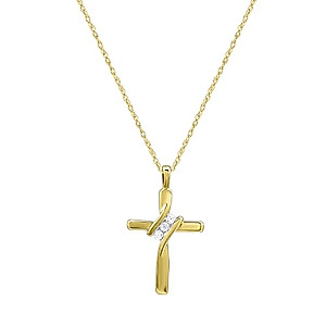 GILDED Small 10 Karat Yellow Gold Natural Round-Cut Diamond Accent 3 Stone Cross Pendant with an 18 Inch Chain