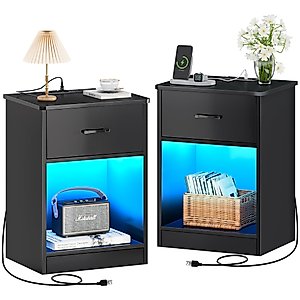 Huuger Nightstands Set of 2, Night Stands with Charging Station & LED Light Strips, Bedside Tables with Drawer, Side Tables Bedroom, End Tables with Open Storage, Black