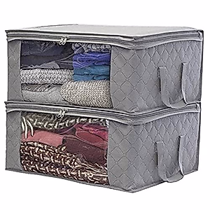 Foldable Storage Bag, Set of 2 Large Foldable Clothes Organizer 49 X 36 X 20 CM, Clear Window and Carry Handles, Great for Comforters,Blankets,Pillow,Bedding,with Sturdy Zipper,Clear Window (Grey)