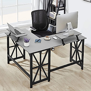 GreenForest L Shaped Desk with 2 Monitor Stand, 50.4 inch Reversible Corner Computer Desk for Home Office Study Gaming Workstation Crafting Table for Small Spaces Saving, Easy Assembly, Grey
