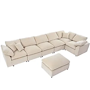VASOENY 129.3'' U Shape Modular Sectional Sofa, Oversized Polyester Fabirc L Shaped Couch, 6 Seat Corner Sofa Couch with 5 Pillows and Ottoman Chaise for Living Room, Office