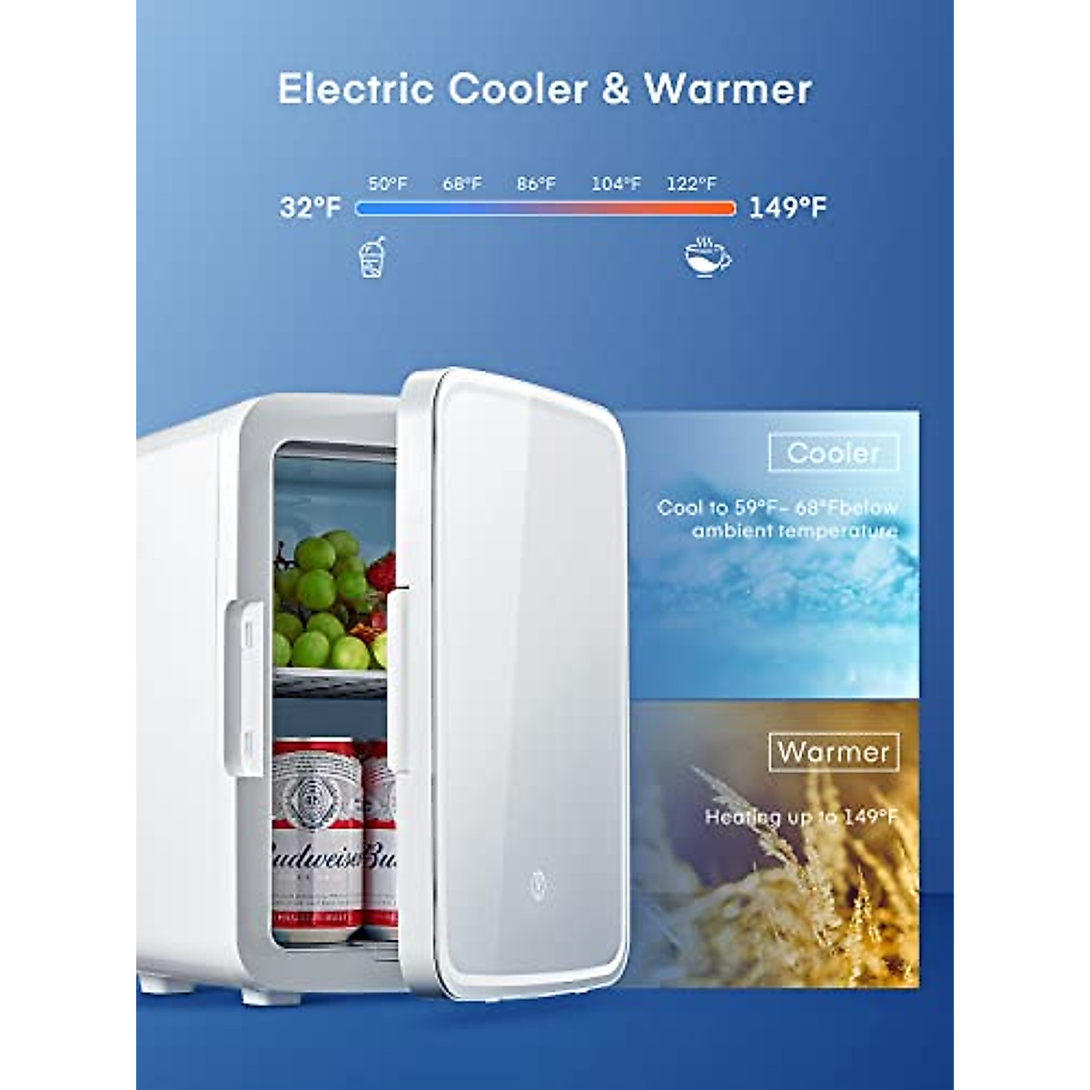 10 Liter/11 Can Mini Skincare Fridge with 3-Mode LED & Mirror, 110V AC/12V DC Portable Cooler & Warmer Small Refrigerator for Skin Care Cosmetic Makeup, Perfect for Office Bedroom Dorm Car, White