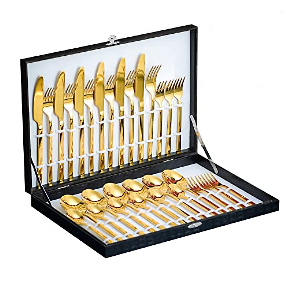 Velaze 30 Piece Gold Silverware Set for 6 with Fancy Gift Box, Premium Stainless Steel Flatware Set, Mirror Polished Cutlery, Durable Forks Spoons and Knives Set, Kitchen Utensils Sets