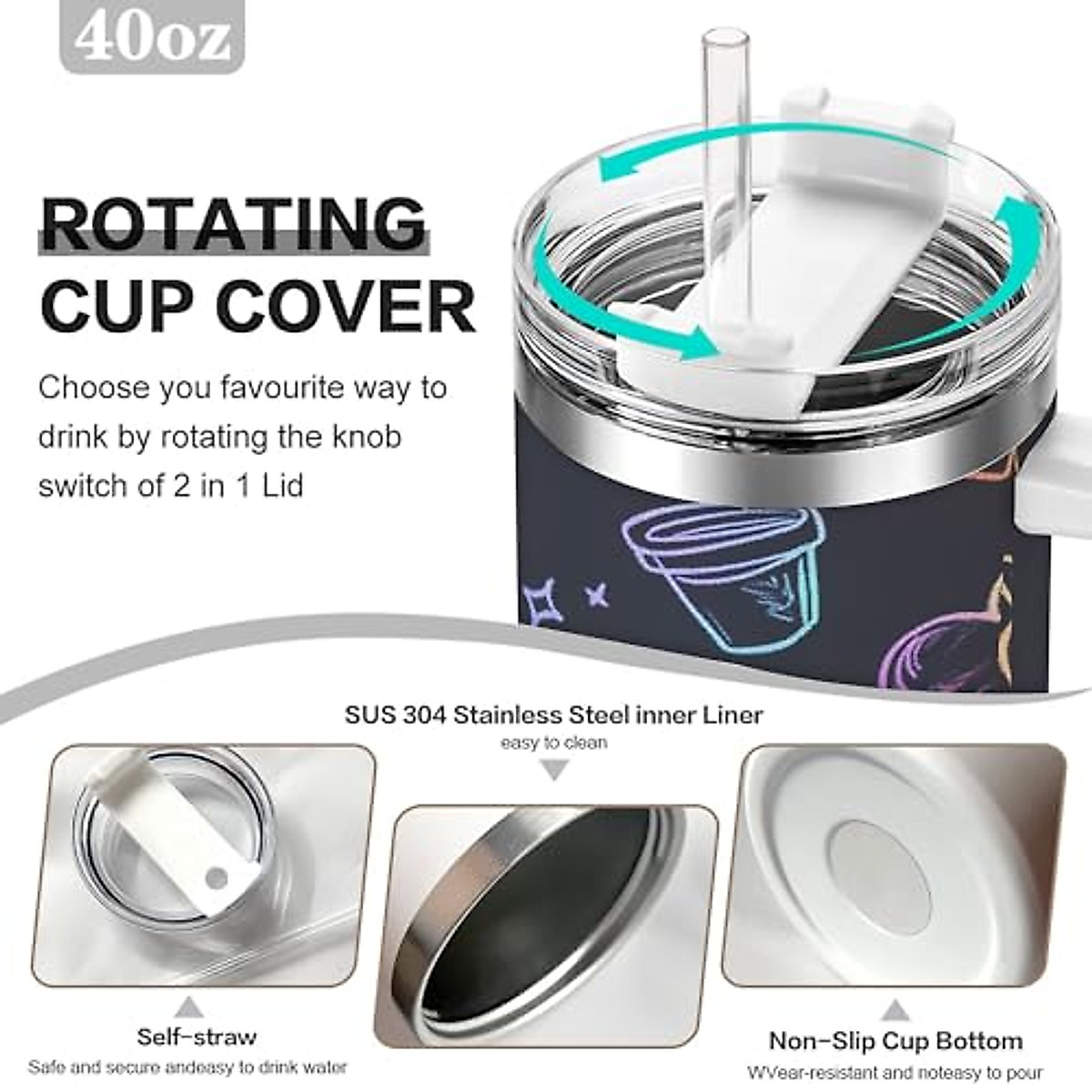 FOCIUZTA 40oz Playful Doodle Art Tumbler with lid, Travel Coffee Cup, Ideal for Easter, Gaming Enthusiast, Mother Day, and birthday gifts