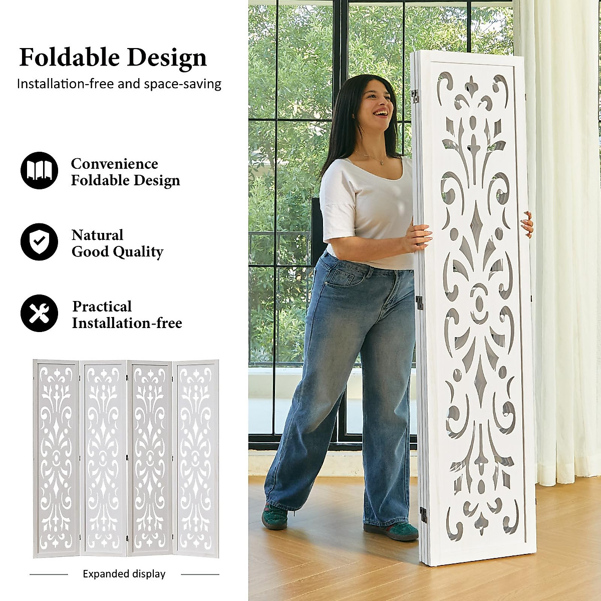 5.6Ft Room Divider Folding Wood Classical Carved Partition Screen for Home Office Garden - 4 Panels (White)