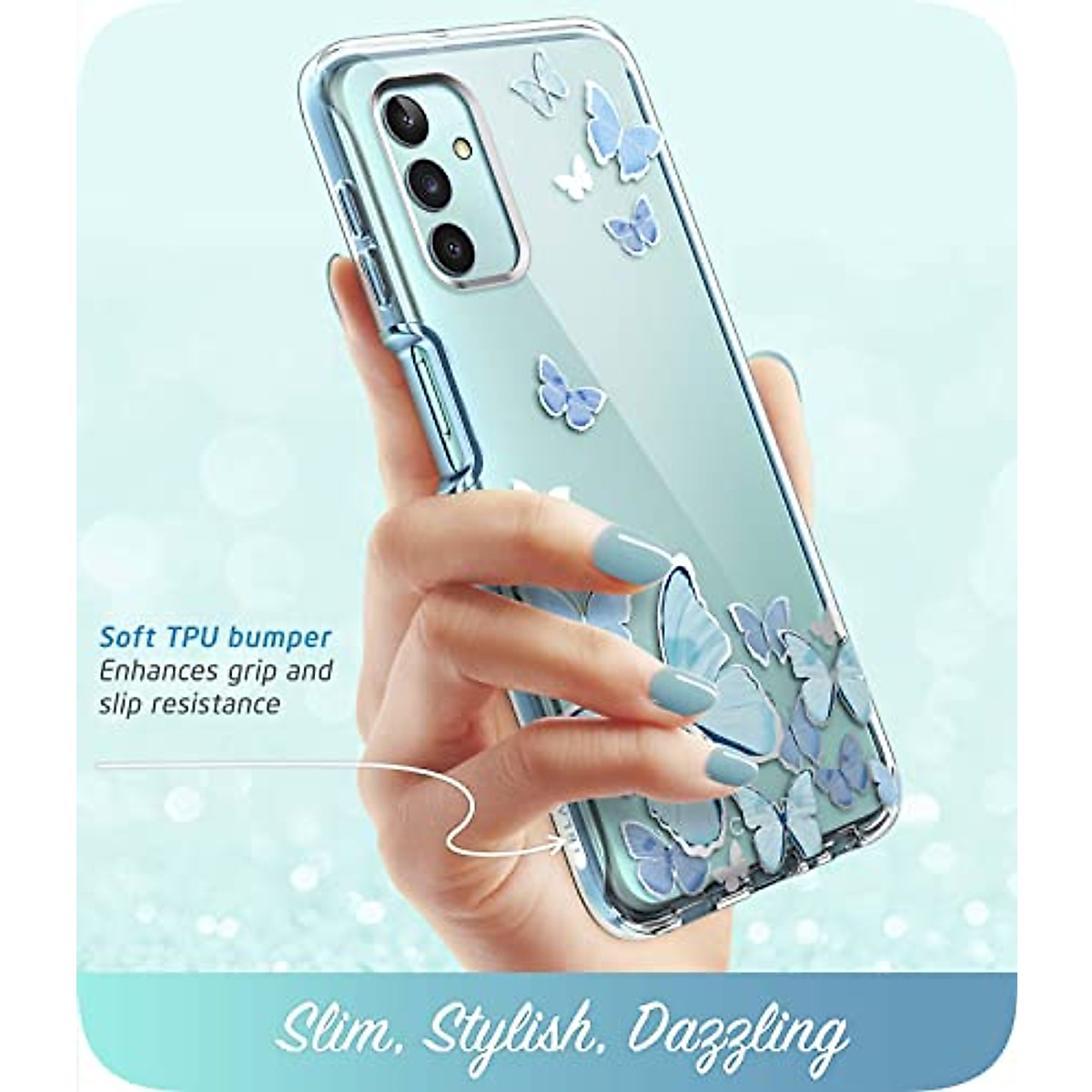 i-Blason Cosmo Case for Samsung Galaxy A13 4G/ 5G, Slim Full-Body Stylish Protective Case with Built-in Screen Protector (Blue Butterfly)