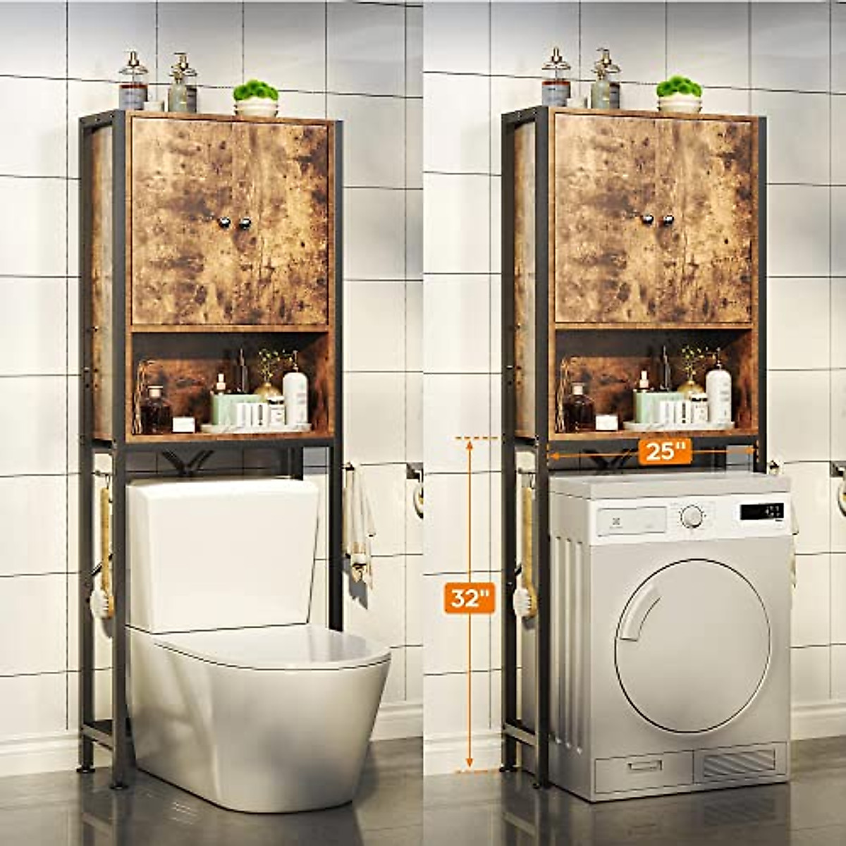 TC-HOMENY Over The Toilet Storage Rack with Cabinet, Multi-Tier Bathroom Space Saver with Adjustable Shelf, Bathroom Organizer Shelf Over The Toilet Storage Cabinet, Rustic Brown