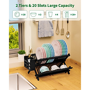 VOPOG Dish Drying Rack, 2 Tier Bamboo Dish Drying Rack with Utensil Holder, Collapsible Dish Rack Foldable Plate Organizer Holder Dish Drainer Set for Kitchen Countertop-Black