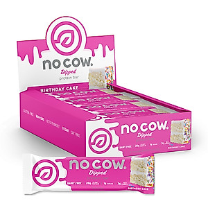 No Cow High Protein Bars, Dipped Birthday Cake - Healthy Snacks, 20g Vegan Protein, High Fiber, Low Sugar, Keto Friendly, Dairy & Gluten Free (12 Count)