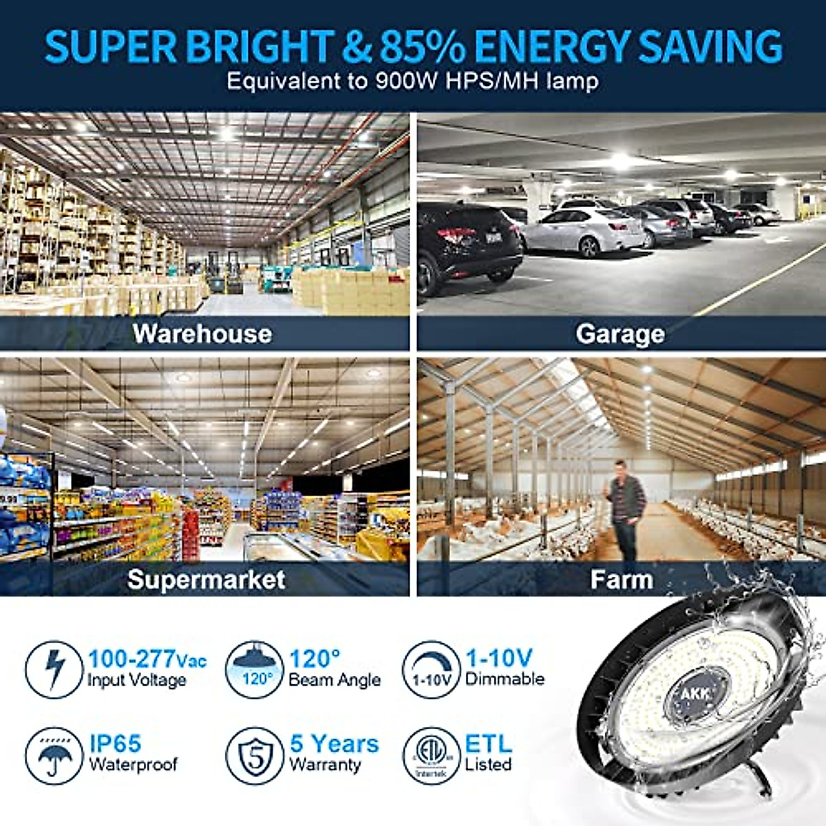 AKK 200W LED High Bay Light 180W 150W Tunable, 3 Color Switchable 30000LM UFO LED High Bay Light(Eqv. 900W MH/HPS), 1-10V Dimmable High Bay LED Lights, US Plug 5' Cable, 100-277V for Factory Warehouse