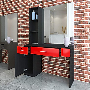 Artist hand Wall Mount Salon Station Barber Stations Styling Station Barber Beauty Spa Salon Equipment Set with Mirror,Left Shelf (Black/Red)