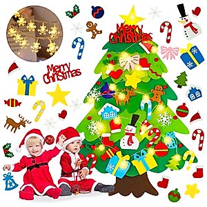 Felt Christmas Tree for Toddlers - 3.3 FT Felt DIY Tree for Kids Wall with Snowflake Lights + 32 Ornaments, Christmas Indoor Home Decorations, Kids Toddler