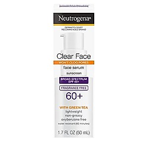Neutrogena Clear Face Serum Sunscreen with Green Tea, Broad Spectrum SPF 60+, Non-Comedogenic Face Sunscreen for Lightweight UVA/UVB Protection, Oxybenzone- & Fragrance-Free, 1.7 fl. Oz
