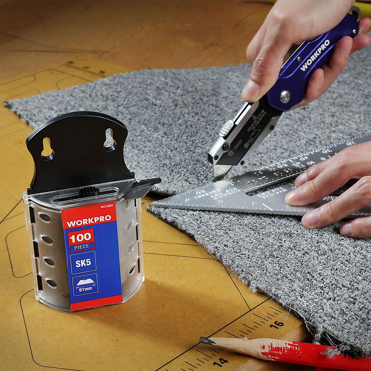 WORKPRO Utility Knife Blades, SK5 Steel, 100-Pack with Dispenser and Pink Folding Utility Knife, 10 Extra Blades Included