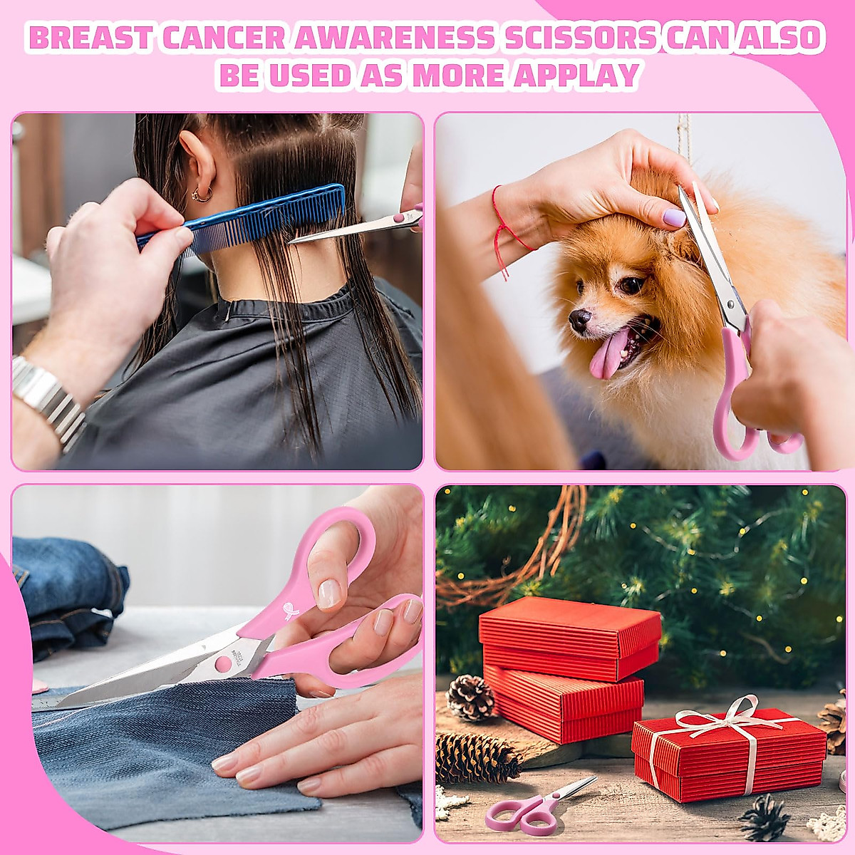 Lasnten 12 Pieces Pink Scissors Breast Cancer Awareness Scissors Ribbon Stainless Steel Scissors Bulk Multipurpose Scissors for Office Home School Sewing Cutting Fabric Craft Supplies