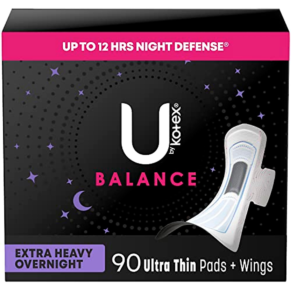 U by Kotex Balance Ultra Thin Overnight Pads with Wings, Extra Heavy Absorbency, 90 Count (Packaging May Vary)