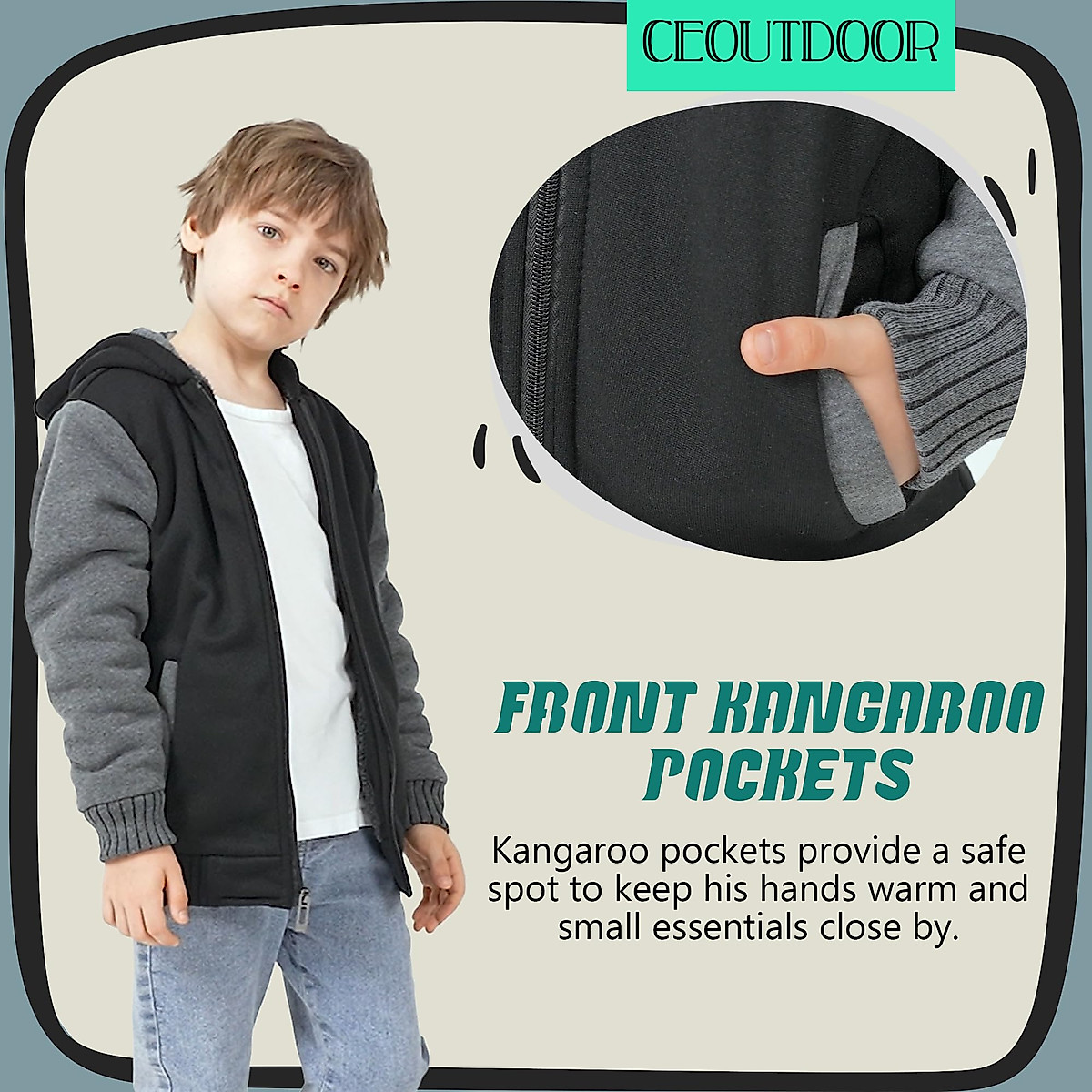 Ceoutdoor Boys Fleece Jacket Zip up Sweatshirt Hoodie Soft Warm Outdoor Winter Coat for Kids (B-Black/Grey,Size 6-7)