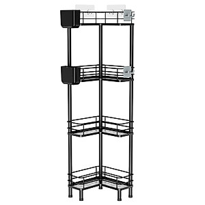 Vetacsion Corner Shower Caddy with Toothbrush Shelves, 4 Tier Standing Rustproof Shower Organizer, Metal Floor Shower Shelves for Bathroom Storage
